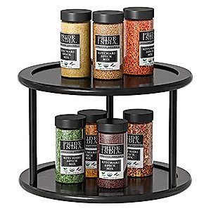 Lazy Susan Spice Rack Organizer - 2 Tier Bamboo Wooden Turntable for Cabinet,10 Inch Black