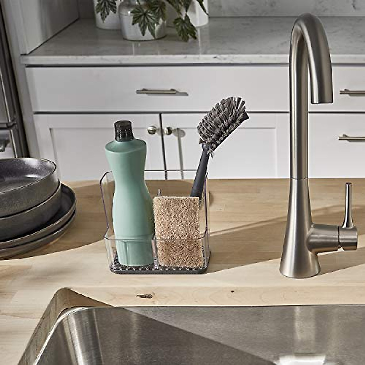 Spectrum Diversified Hexa, Kitchen Sponge, Easy-Clean Sink Organization & Dish Brush Holder with Removable Base, Clear & Gray