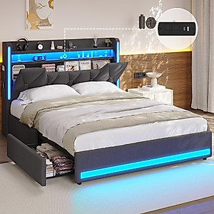 busyaeh King Bed Frame and Headboard with Storage, King Size Bed Frame with LED Lights & Charging Station, Upholstered King Bed Frame, No Noise, No Box Spring Needed, Easy Assembly