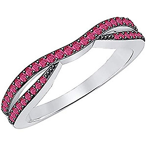 Indi Gold & Diamond Jewelry Created Round Cut Ruby Gemstone 925 Sterling Silver 14K White Gold Finish Diamond Contour Wedding Guard Band Ring for Women's