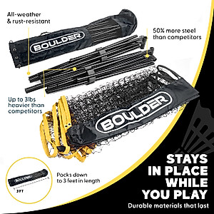 BOULDER Portable Badminton Net Set - for Tennis, Soccer Tennis, Pickleball, Kids Volleyball - Easy Setup Nylon Sports Net with Poles (Black/Yellow, 10 FT)