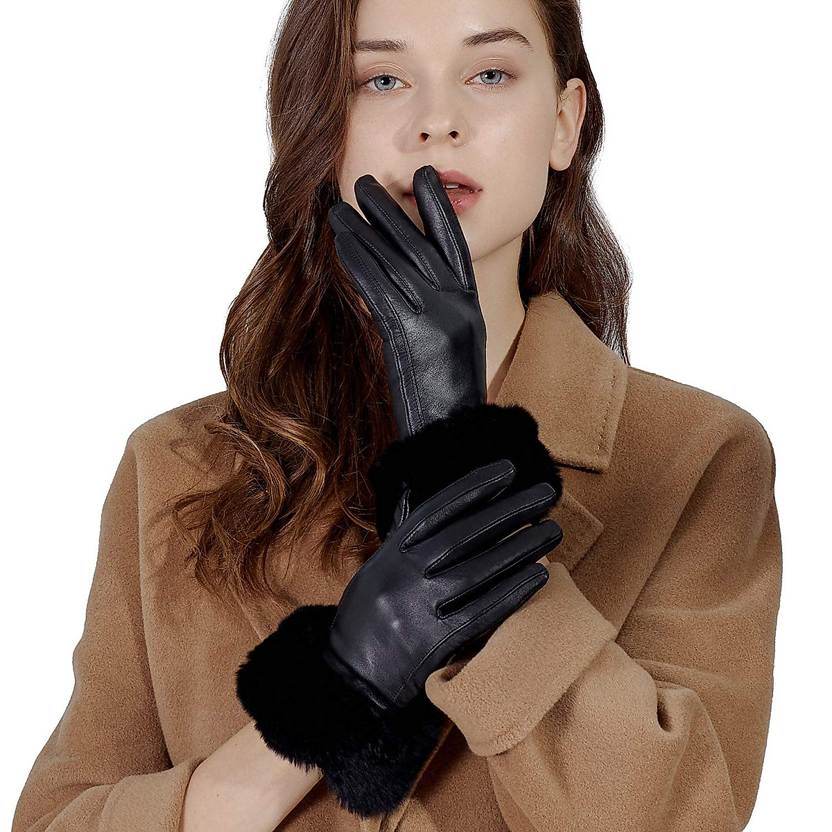 GSG Women Leather Gloves Rabbit Fur Cuff Touchscreen Winter Warm Driving GlovesBlack L