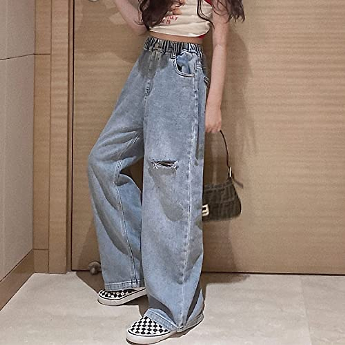 YaYabroe Kids Girls Ripped Distressed Washed Baggy Wide Leg Casual Jeans Size 5-14 yrs (11-12 Years, Blue)