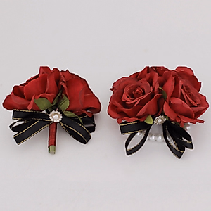 YOKOKE Prom Corsage and Boutonniere Set, Rose Boutonniere and Wrist Corsage Wristlet Set Flowers for Party Ball Dancing Prom Suit Decorations (Red)