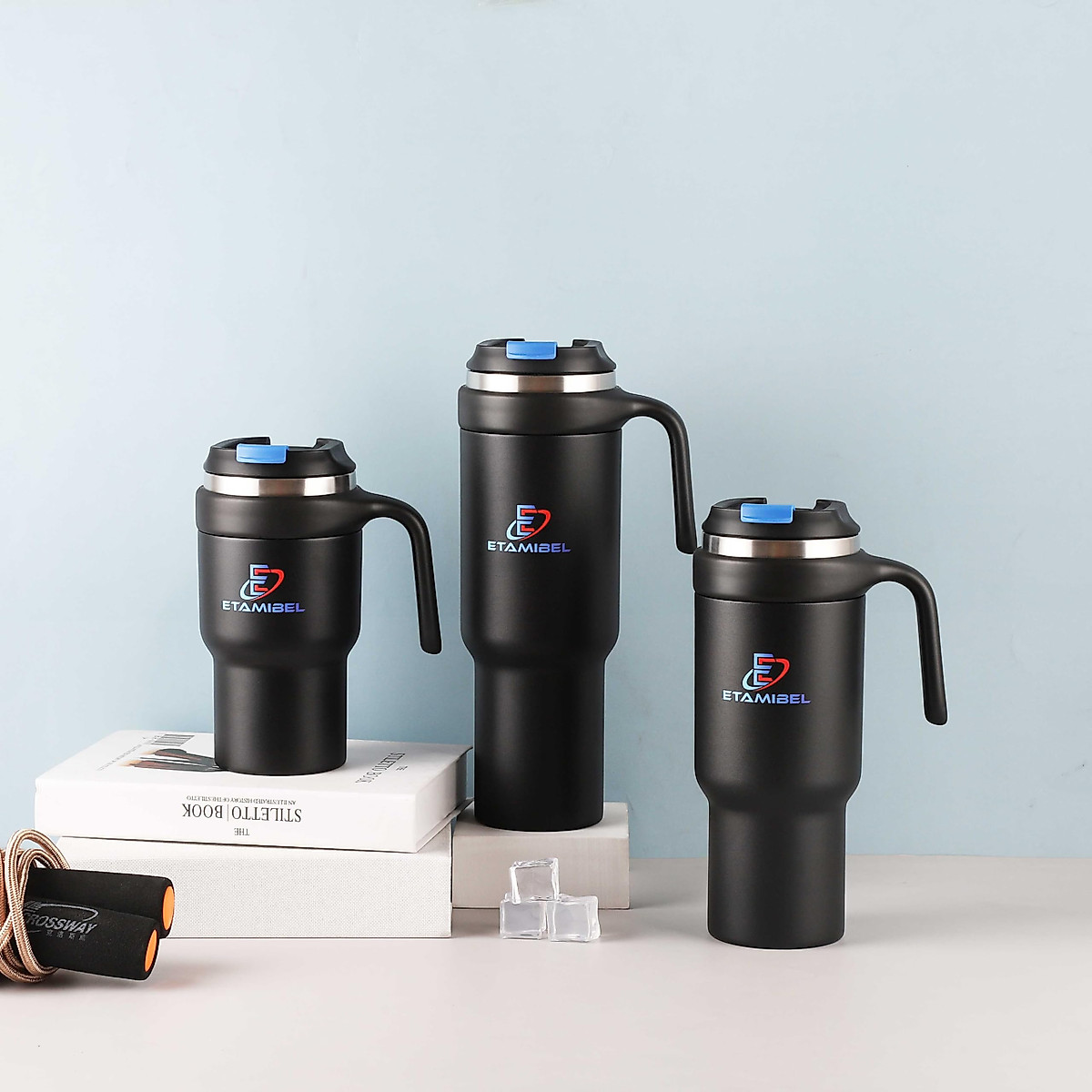 ETAMIBEL 20oz Double Wall Stainless Steel Vacuum Insulated Tumbler with Handle Straw Lid Straw Toppers Straw Brush | Thermos Flask for Water Iced Tea Coffee Smoothie and More| Portable Mug For travel