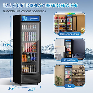 BEYOU Commercial Refrigerator, 12.2 cu. Ft Upright Beverage Display Merchandiser with single Glass Door, Drink Cooler for Living Room,Bar,Garage（Black）