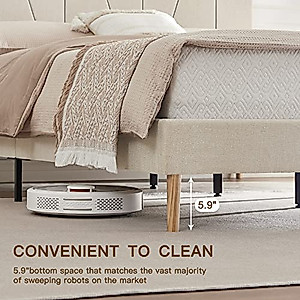 Flolinda Queen Size Bed Frame Upholstered Platform with Complete Headboard and Strong Wooden Slats, No Box Spring Needed, Easy Assembly,Beige