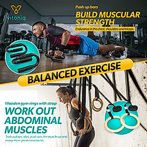 Vitoniq Premium Wood Gymnastics Rings and S-Shaped Push Up Bars Set – Strength Training & Calisthenics Equipment – Non-Slip Birch Wooden Rings, Adjustable Straps, Ergonomic Pushup Handles