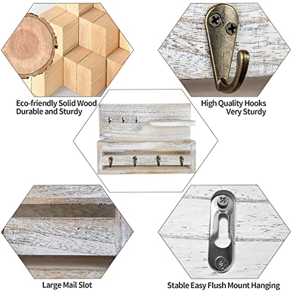 Wood Mail Organizer Wall Mounted - Key Holder for Wall, Mail and Key Holder with Shelf, Mail Holder with Key Hooks for Letter, Bills and Dog Leash, Rustic Mail Sorter for Entryway, Office, White