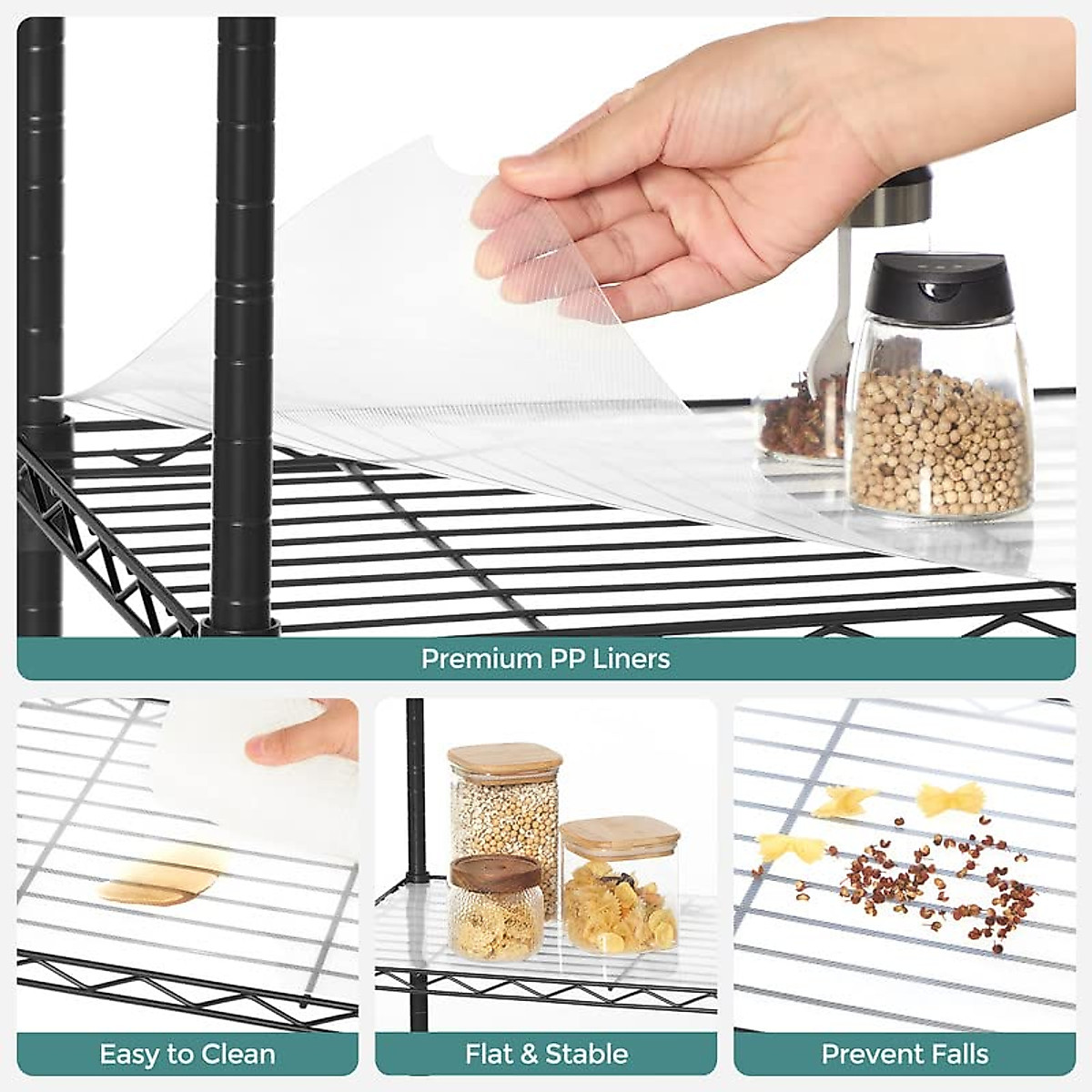 SONGMICS 7-Tier Metal Storage Shelves, Wire Shelving Unit, Adjustable Shelves, Garage Shelving, Kitchen, Living Room Storage Rack, Shelf Liners, 8 Hooks, Total Max. Load 616 lb, Black ULGR067B01