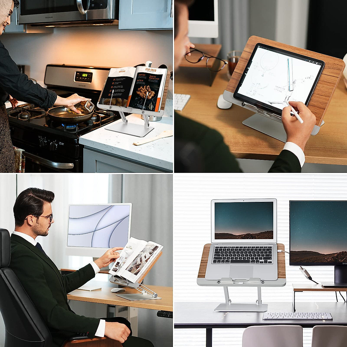 viozon Book Stand for Reading, Wooden Cookbook Holder, Adjustable Height&Angle, Aluminum Alloy, Foldable & Portable, for Office, Kitchen, School. Kids & Adults Textbook, Recipe, Magazine, Tablet-