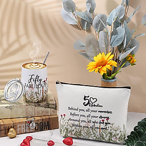 Irenare 50th Birthday Gifts for Women Fifty Fabulous Gifts for Her Happy 50th Birthday Gifts for Grandma Mom Sister Wife Aunt Friends Wine Glass Cosmetic Bag for Woman Birthday Gift(Elegant Style)