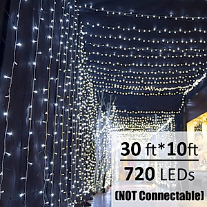 Solhice LED Curtain Lights Outdoor 30ft x10ft White, 720 LEDs 8 Modes Plug in Window Christmas String Lights Indoor, Twinkle Lights for Patio Wedding Party Yard Decor (Not Connectable)