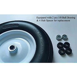 Wheelbarrow Tire 4.80/4.00-8 Flat-Free with 3/4 & 5/8 Wheel Bearing, 3-6" Hub 16" Solid Rubber Wheel Barrel Tires Non-Slip for Yard Cart Garden Wagon (Black)