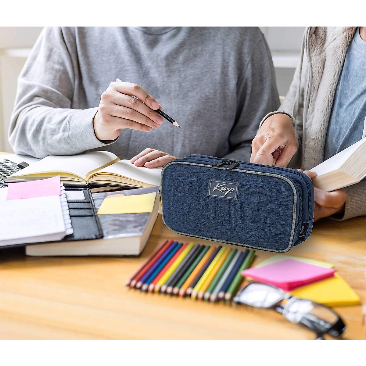 Large Capacity Pencil Case, Kasqo Big Pencil Bag Pouch Pen Case Pencil Marker Holder Stationery Organizer with Two Compartment for Teen Boys Girls Middle High School Supplies & Office, Blue