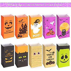 Halloween Treats Bags Party Favors 80 Pcs Kids Halloween Candy Bags for Trick or Treating + 84 Pcs Halloween Stickers, Mini Paper Gift Bags for Treats Snacks, Halloween Goodie Bags Party Supplies