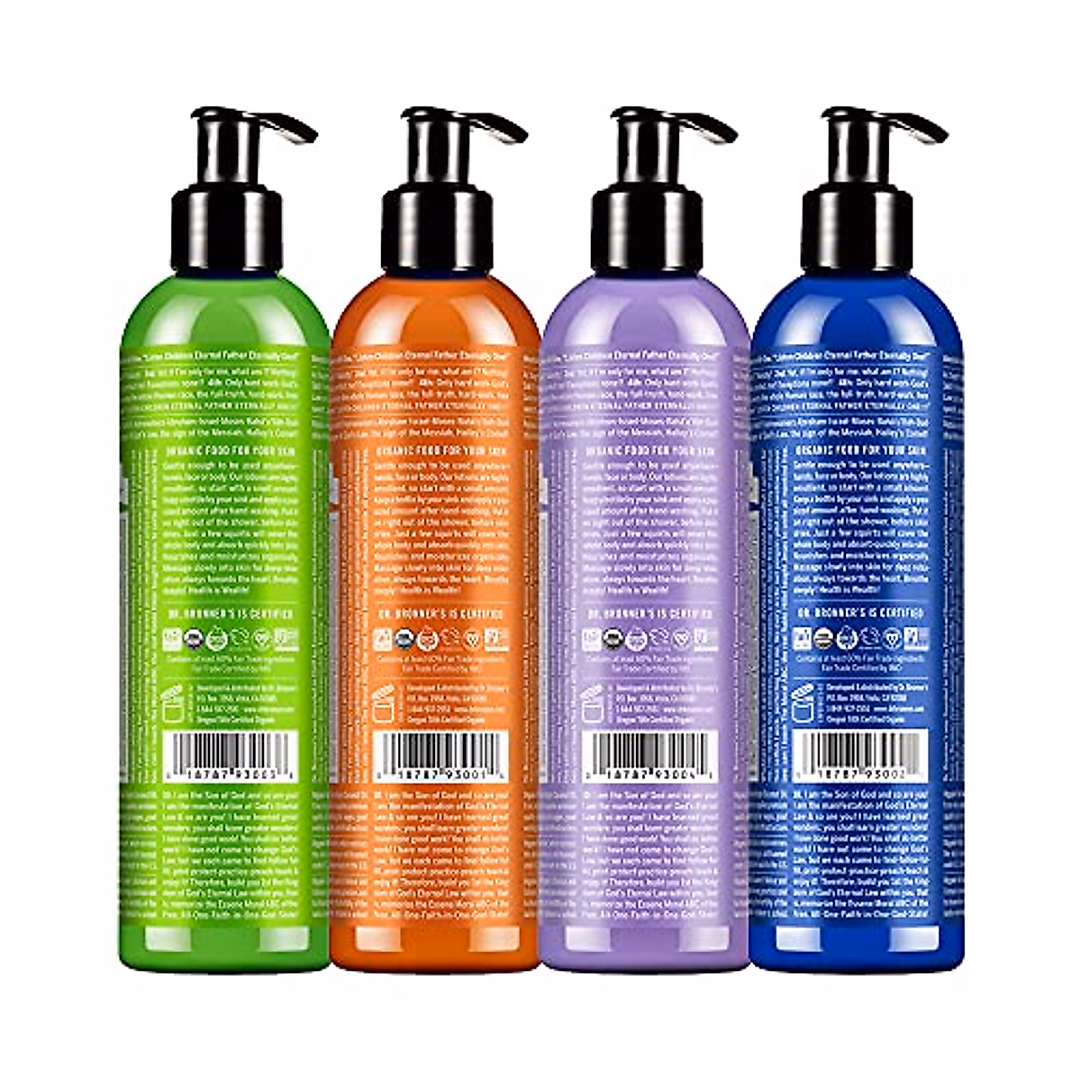 Dr. Bronner's - Organic Lotion (8 oz Variety Pack) Peppermint, Lavender Coconut, Orange Lavender, & Patchouli Lime - Body Lotion & Moisturizer, Certified Organic, Soothing for Hands, Face & Body, Nourishes & Hydrates, Vegan | 4 Count