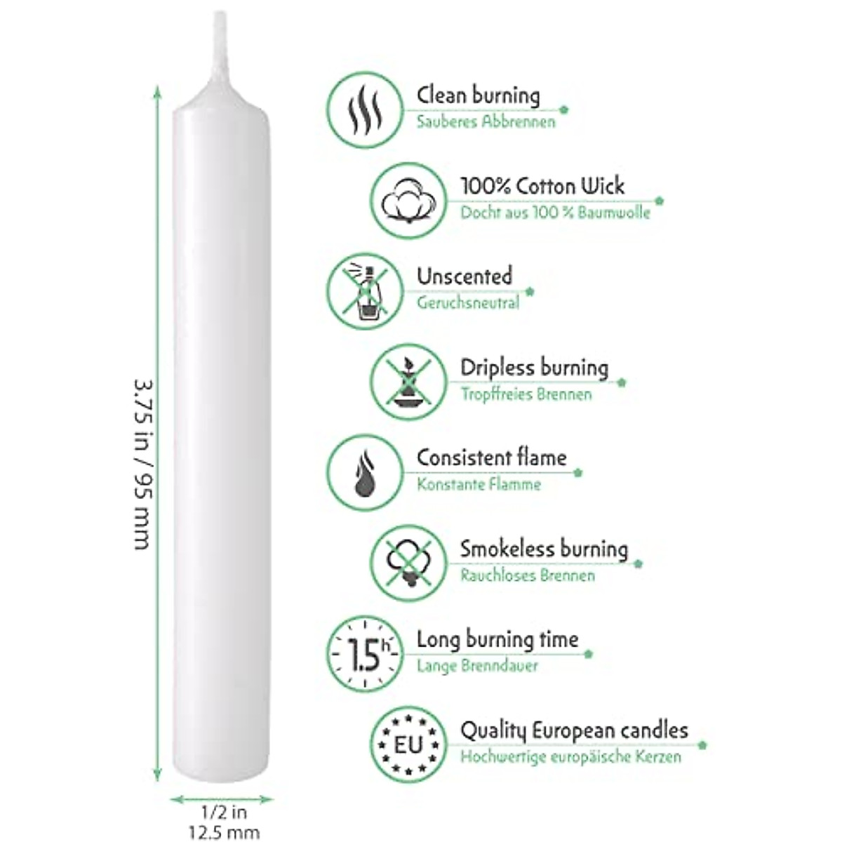 Eika Premium Christmas Tree Candles - Set of 20 Traditional Christmas Wax Candles for Pyramids, Carousels & Chimes - Made in Europe - Solid Colored - White