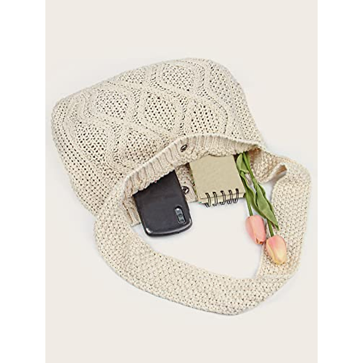 Verdusa Women's Crochet Shoulder HandBags Hobo Knitted Tote Bag Shopping Bags Beige one-size