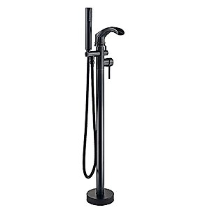 Votamuta Modern Dual Function Floor Mount Tub Filler Freestanding Bathtub Faucet Oil Rubbed Bronze Waterfall High Flow Standing Tub Faucets With Hand Shower Head Mixer Taps