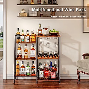 3-Tier Retro Brown Liquor Display Stand with Wine Racks, Glass Holder - For Home Bar