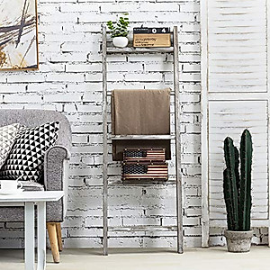 MyGift Gray Washed Wood Decorative Ladder Shelf, 4.5 Foot Wall Leaning Wooden Towel Blanket Ladder Storage Rack for Bathroom or Living Room