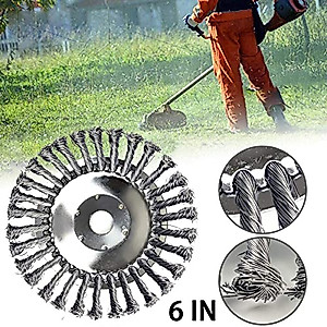 BGTOOL 6 inch Rotary Weed Brush Joint Twist Knot Steel Wire Wheel Brush Disc Trimmer Head 25.4mm x 150mm Universal fit Straight Shaft Trimmer for Sthil Honda etc (Steel, 6 inch)