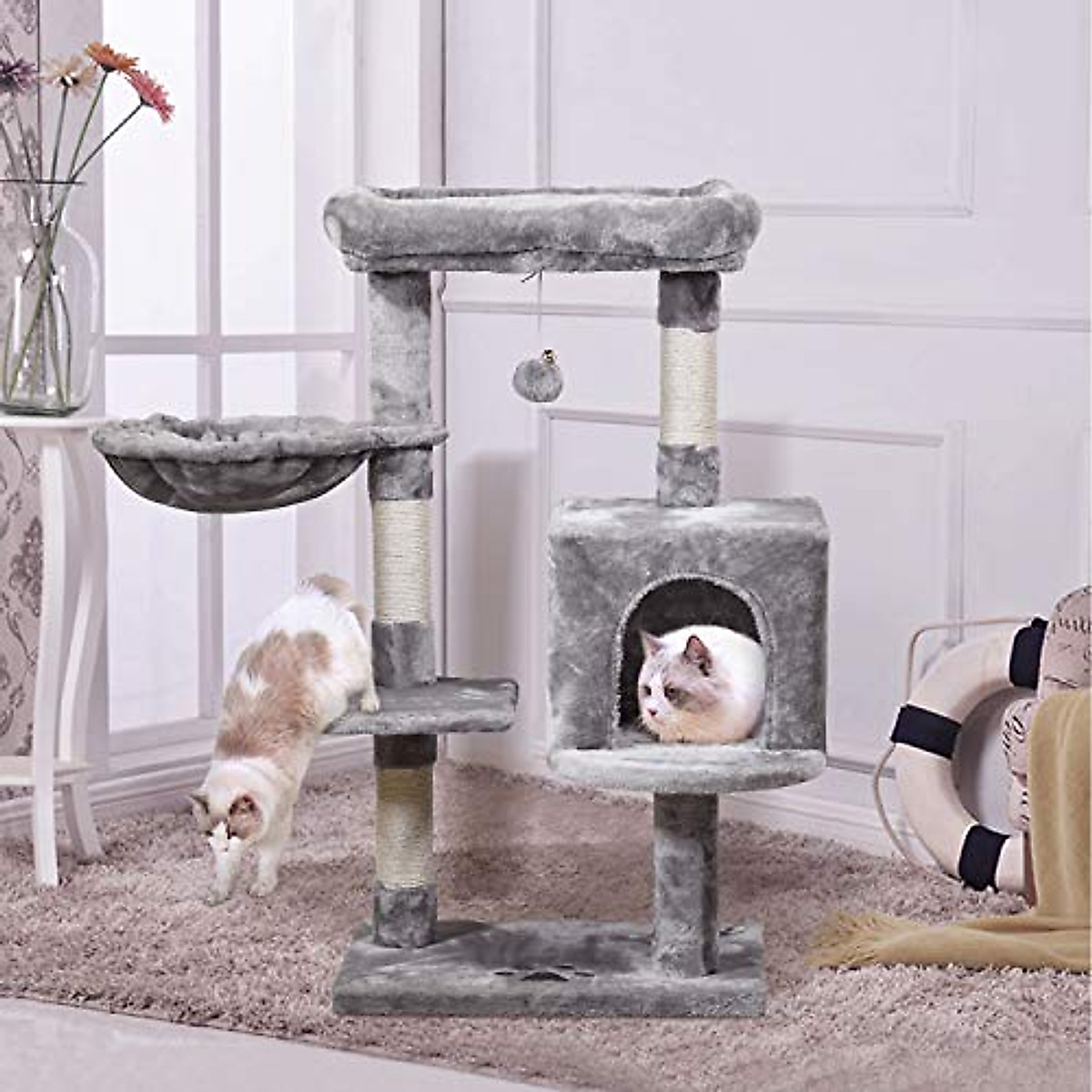 MQ Cat Tree Tower 36.7in with Padded Plush Perches, Condo, Hammock & Cat Scratching Post for Kittens, Large Cats, Gray