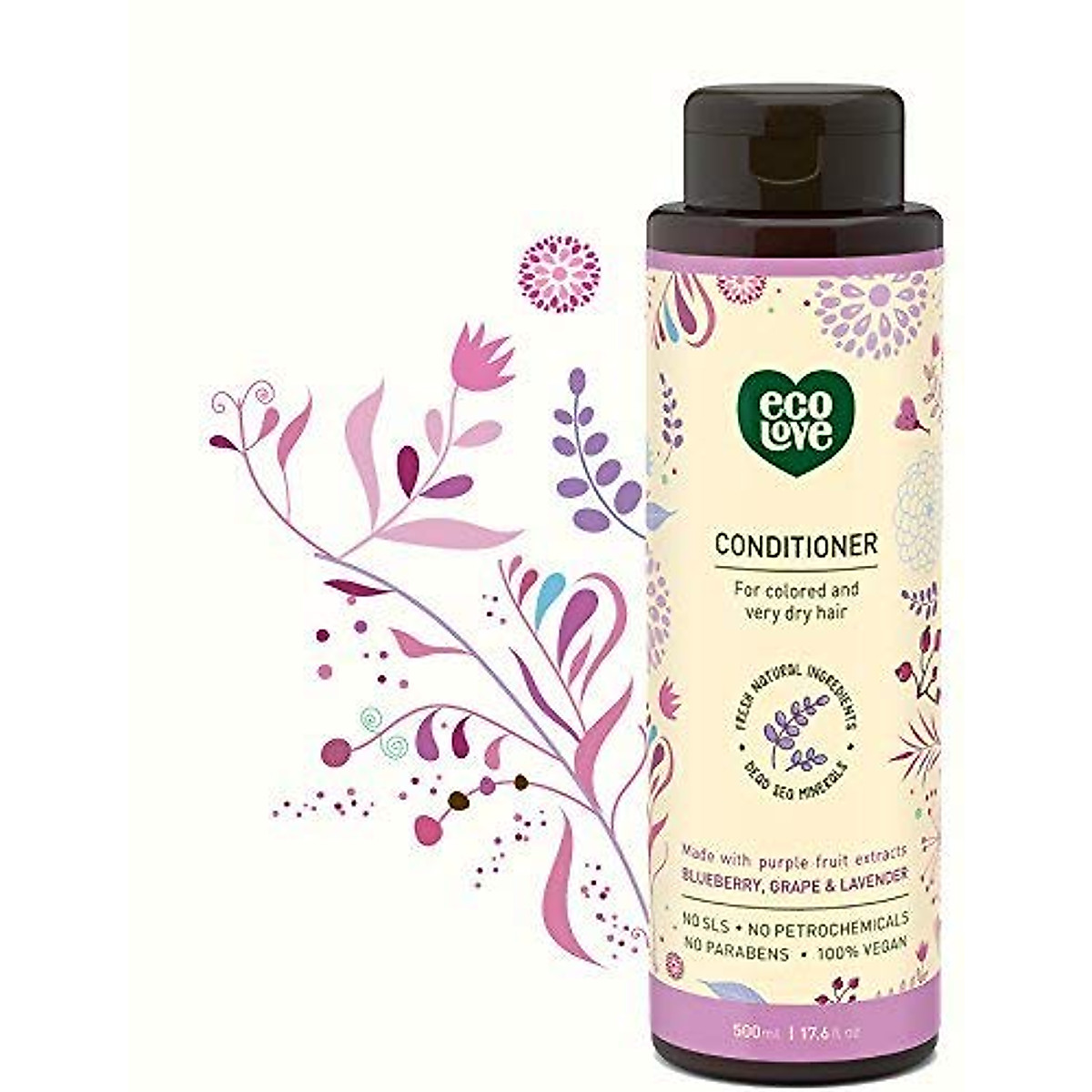 ecoLove - Natural Shampoo & Conditioner Set for Dry Damaged Hair and Color Treated Hair - With Natural Lavender Extract - No SLS or Parabens - Vegan and Cruelty-Free, 17.6 oz.