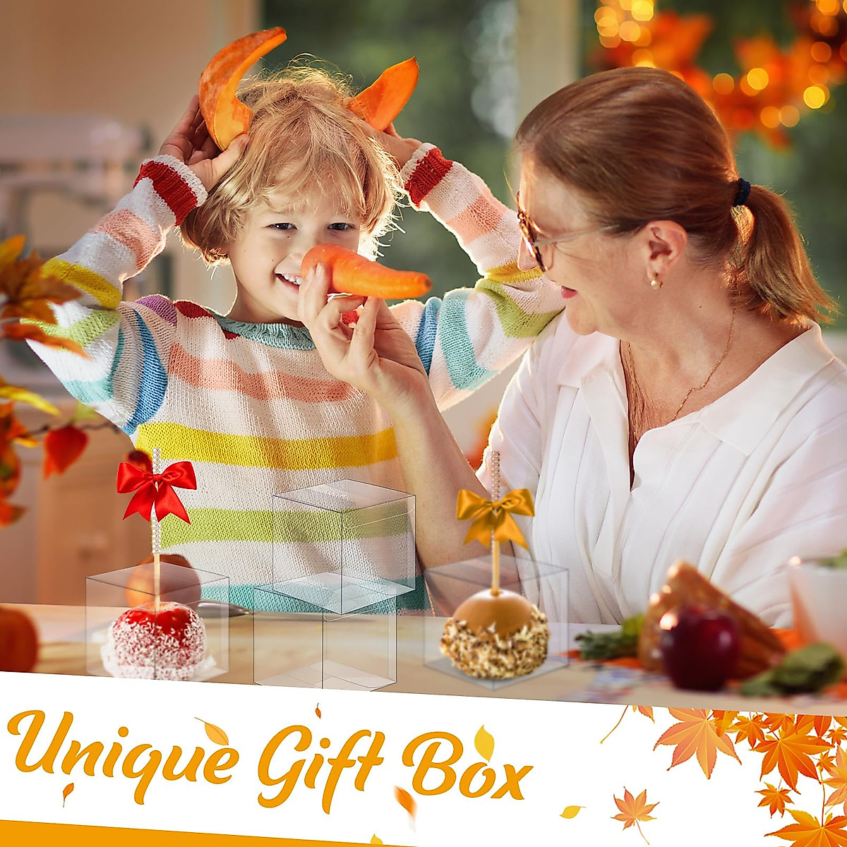 Juexica 100 Pcs Clear Caramel Apple Boxes with Hole Transparent Candy Apple Boxes PET Gift Boxes for Chocolate Wedding Ornaments Boxes, 4x4x4 Inch