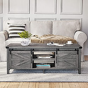 HOMFAMILIA Farmhouse Coffee Table with Sliding Barn Doors & Storage, Grey Rustic Wooden Center Rectangular Tables w/Adjustable Cabinet Shelves, for Bedroom, Home Office, Living Room