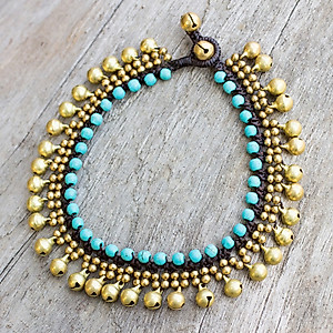 NOVICA Artisan Handmade Brass Calcite Anklet with Blue Jingling Bells Turquoise Gold Tone Brown Beaded Thailand Scuba [9.75 in min L x 10.5 in max L x 0.8 in W] ' Blue Bells'