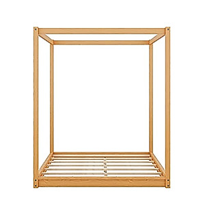 Harper & Bright Designs Queen Size Canopy Bed 4-Post Canopy Platform Bed Frame, Solid Wood Queen Floor Bed Frame for Kids Teens Adults, No Box Spring Needed (Natural)