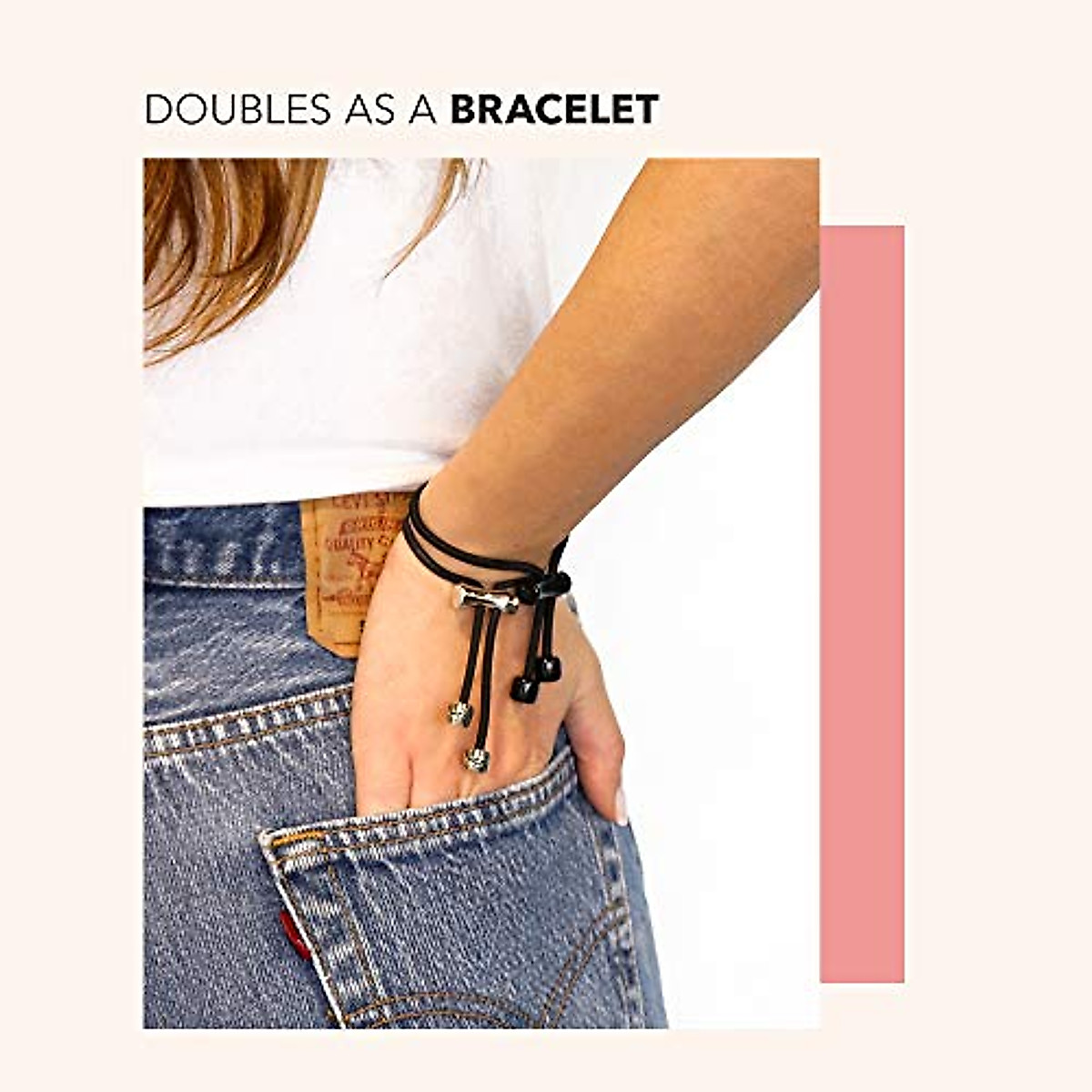 Pulleez Plus Sliding Ponytail Holder, 11" - Gold Knot Metal Charms - Navy Elastic Hair Tie Bracelet