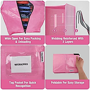 WORKPRO 6 Pack Extra Large Moving Bags with Zippers & Carrying Handles Backpack Straps, Heavy-Duty Storage Tote for Space Saving Moving Storage - Pink
