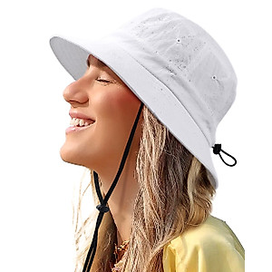 Waterproof Bucket Hat for Women Men Rain Hat UPF 50+ Wide Brim Boonie Sun Hat Foldable Summer Floppy Beach Fishing Safari Hat White