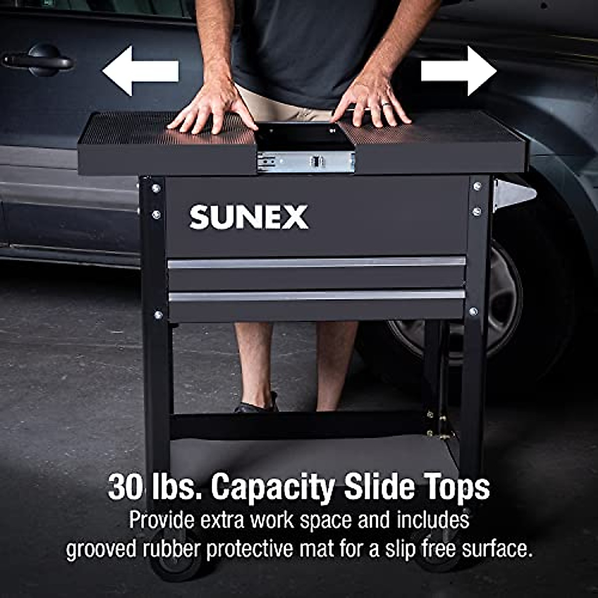 Sunex 8035 Black Compact Slide Utility Cart, Locking Slide Top, Swivel/Locking Casters, 18 Gauge Steel, Latching Drawers, 450-Pound Capacity
