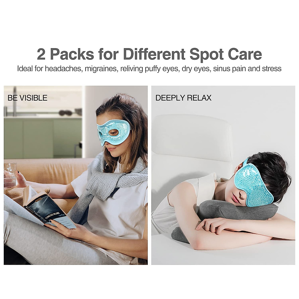 Luxtude Gel Eye Mask Cooling Eye Mask for Dry Eyes 2PCS, Heated Warm Eye Ice Pack Reusable Gel Sleep Mask, Frozen Cold Eye Compress for Puffiness/Dark Circles/Headaches/Allergies (Blue)