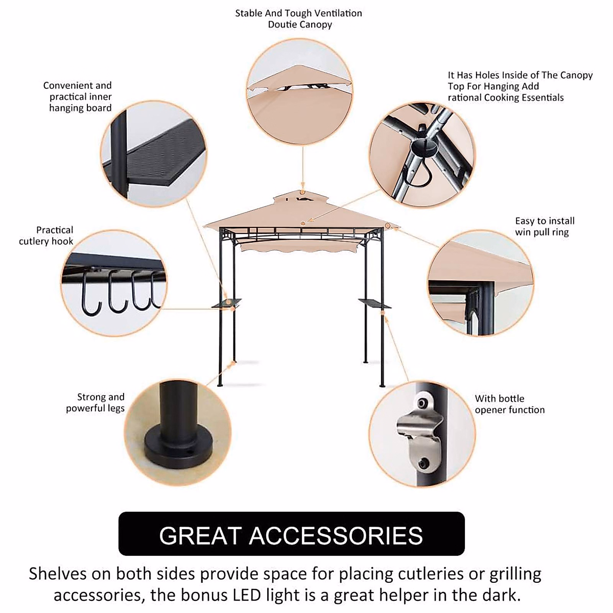 CHARMELEON Double Tiered Grill Gazebo 5x8, Outdoor BBQ Patio Canopy Tent with Stretchable Side Awning (Beige)