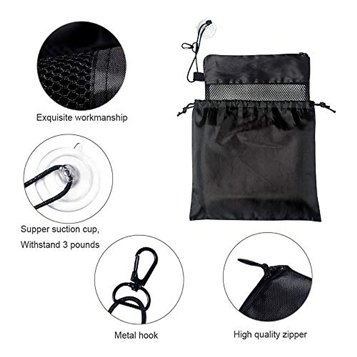 Yihoon Mesh Shower Tote Bag Caddy - Toiletry Dorm Gym Organizer 10.5”L x 9”H with Suction Cup and Zipper Drawstring Pouch 11”L x 10”H (Black, 2 in 1)