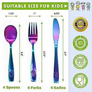 12 Piece Stainless Steel Kids Silverware Set - Child and Toddler Safe Flatware - Kids Utensil Set - Metal Kids Cutlery Set Includes 4 Small Kids Spoons, 4 Forks & 4 Knives - UV Rainbow