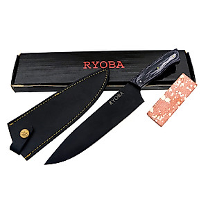 RYOBA Chef Knife 8 inch Kitchen Knife Ultra Sharp High Carbon Stainless steel Japanese chef knife with Finger Guard-Titanium Plated Black Chef Knife WITH Sheath and Sharpener in Gift Box