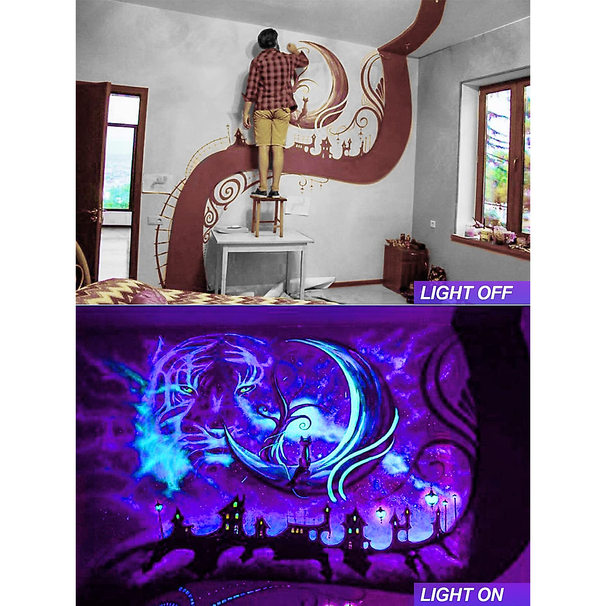 DOREIO Halloween 120V Blacklight Spotlight 15W Outdoor LED Landscape Lighting Dusk to Dawn Photocell Light Sensor with US Plug for Glow Dance Party, Body Paint, Fluorescent Poster, Neon Glow(1 Pack)