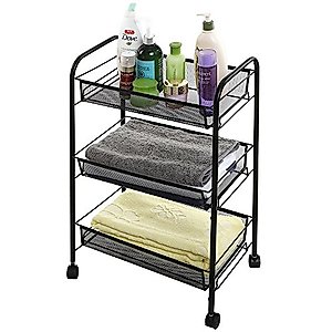 Karl home 3 Tier Storage Cart, Rolling Shelving Unit with Hooks, Trolley Craft cart, for Kitchen Bathroom Office Living Room, Black(17.32" L x 10.24" W x 24.41" H)