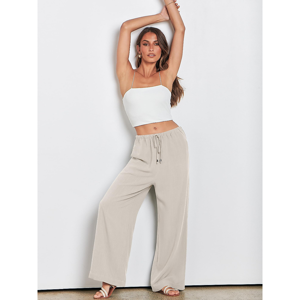 ANRABESS Women's Linen Summer Palazzo Pants Elastic Waist Casual Beach Trendy Wide Leg Trousers with Pockets Large Apricot