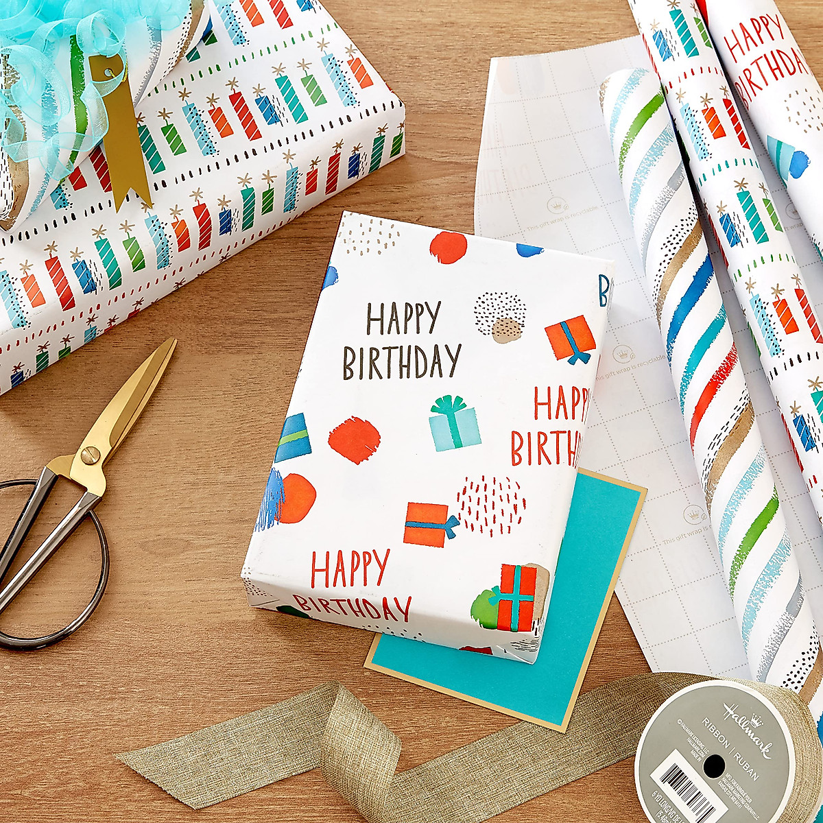 Hallmark Colorful Wrapping Paper Bundle with Cutlines on Reverse (6 Rolls: 115 Square Feet Total) Red, Blue, Yellow, Green, Rainbow Stripes, Polka Dots for Birthdays, Graduations, Father's Day