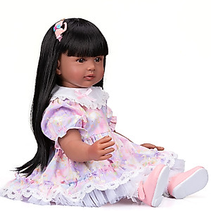 Angelbaby Reborn Toddle Doll Girl Black, 24inch Realistic African American Reborn Baby with Black Long Hair Soft Weighted Silicone Bebe Reborns Look Real