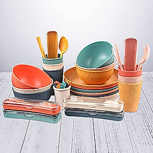 Wheat Straw Dinnerware Sets for 6(55 PCS), Lanveda Kitchen Dinnerware Sets Include Dinner Plates, Cereal Bowls, Cups, Flatwares, Portable Bag, Lightweight Outdoor Colorful Party Dinnerware Sets