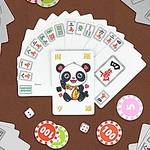 Sishynio Mahjong Cards Gift Set, Mah-Jongg Playing Cards with Dice & Chips, 2023 Handheld Cartoon Majiang Game, Classical Chinese Table Game, for Leisure Time Party Traveling Gifts (Pattern of Panda)