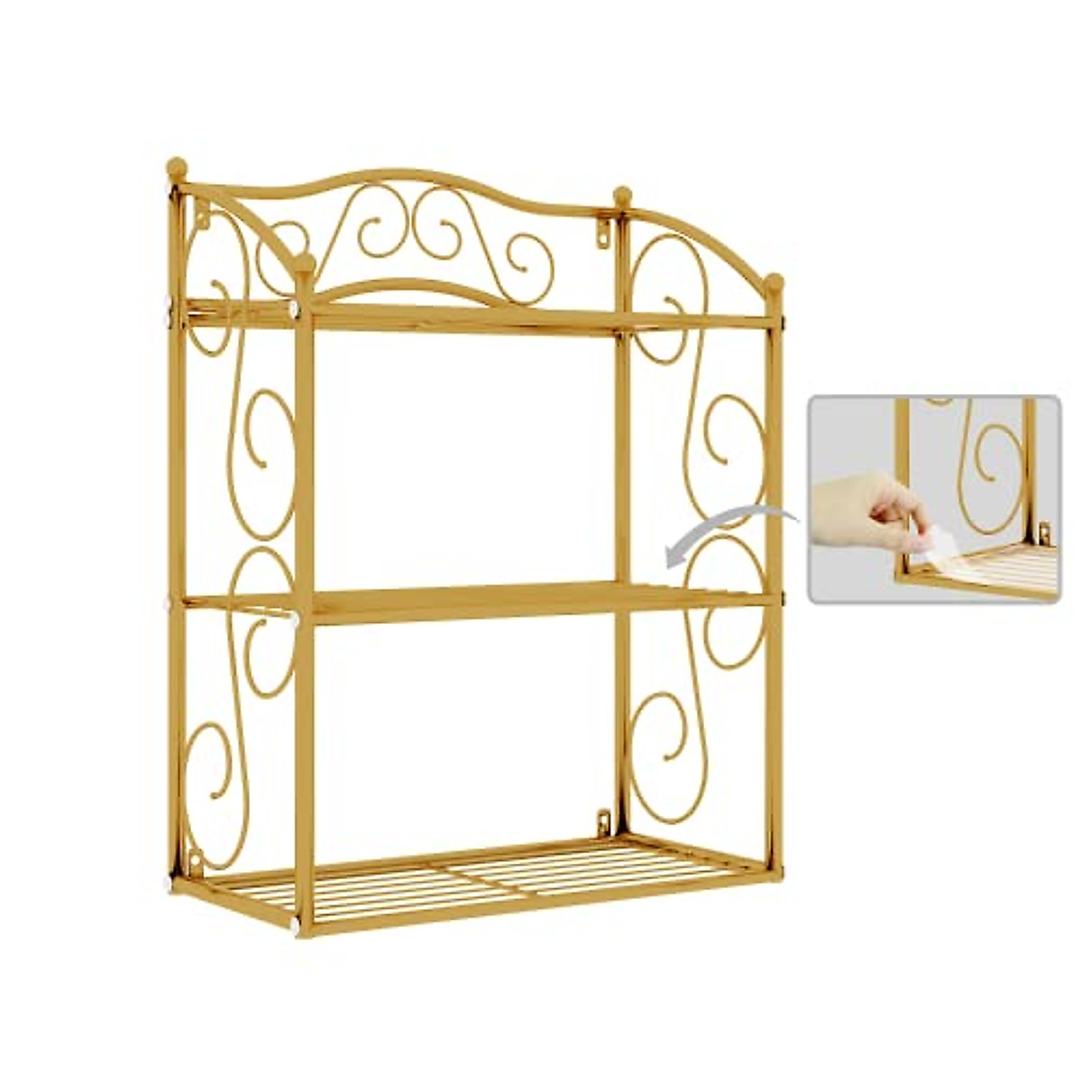 YADOOLIFE Metal Wire Wall Shelf Unit, 3-Tier Wall Mounted Gold Floating Shelves with Liners, Hanging/Standing Storage Shelving Rack for Pantry Bathroom Office Home Organization